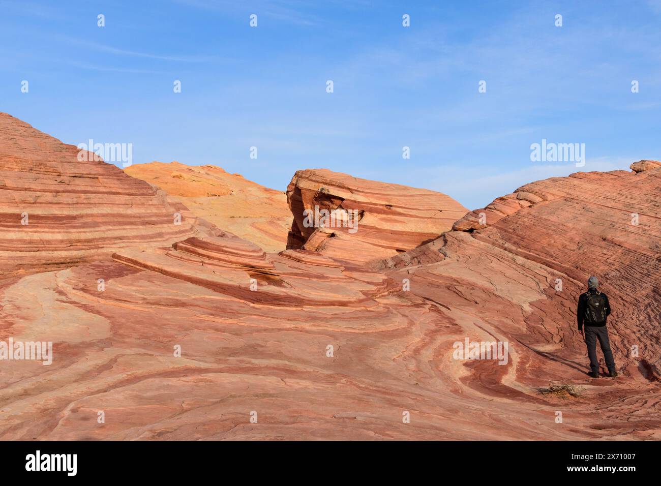 A male hiker takes in the stunning view of the striped rock formation ...
