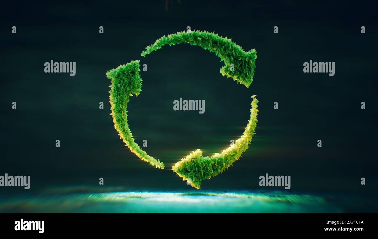 A symbol of arrows in a circle made up of lush green translucent leaves ...