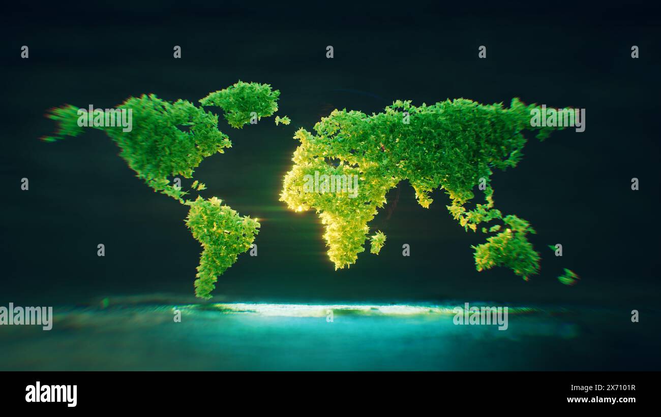 A symbol of the world in the form of continents, composed of lush green ...