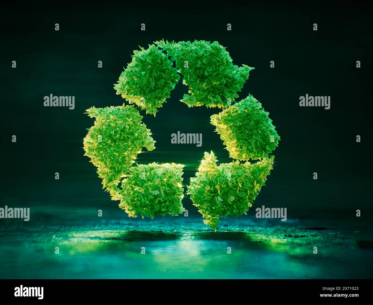 A recycling symbol composed of lush green translucent leaves that are ...