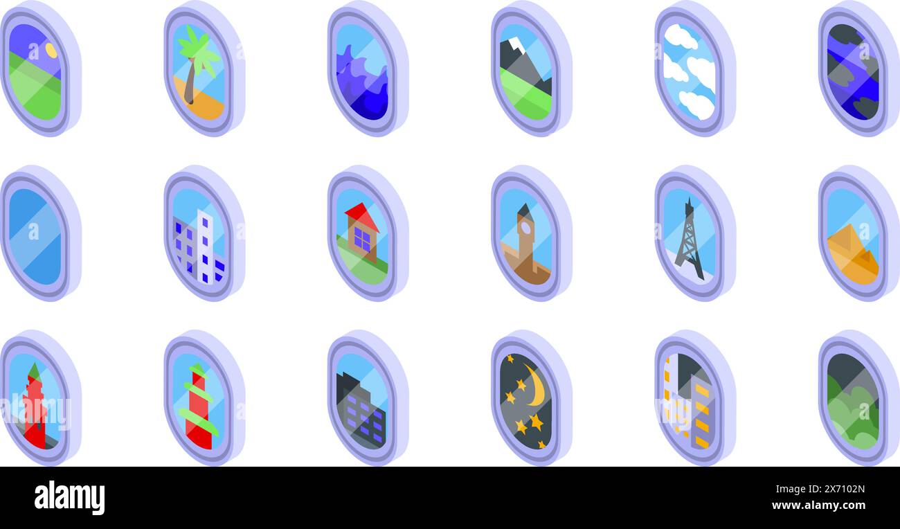 Airplane window view vector. A set of airplane window stickers with ...