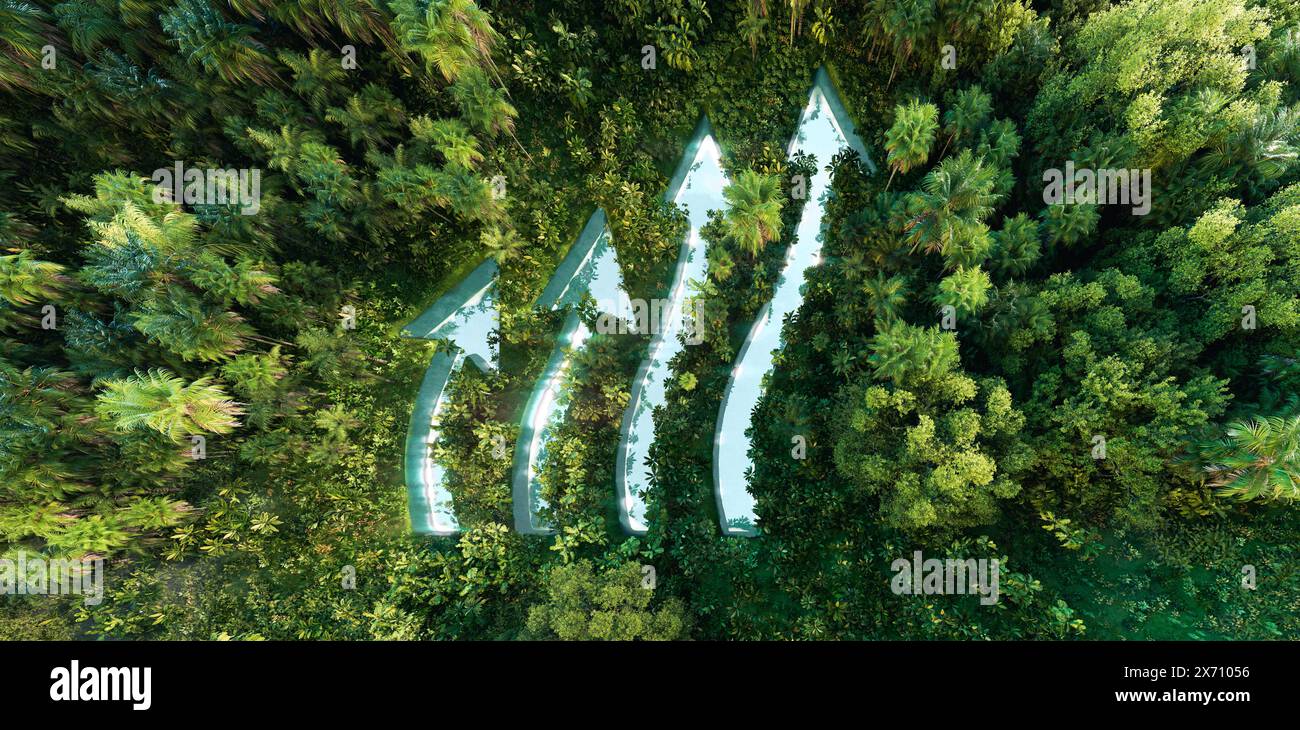 A lake in the shape of a rising graph in the middle of untouched nature ...