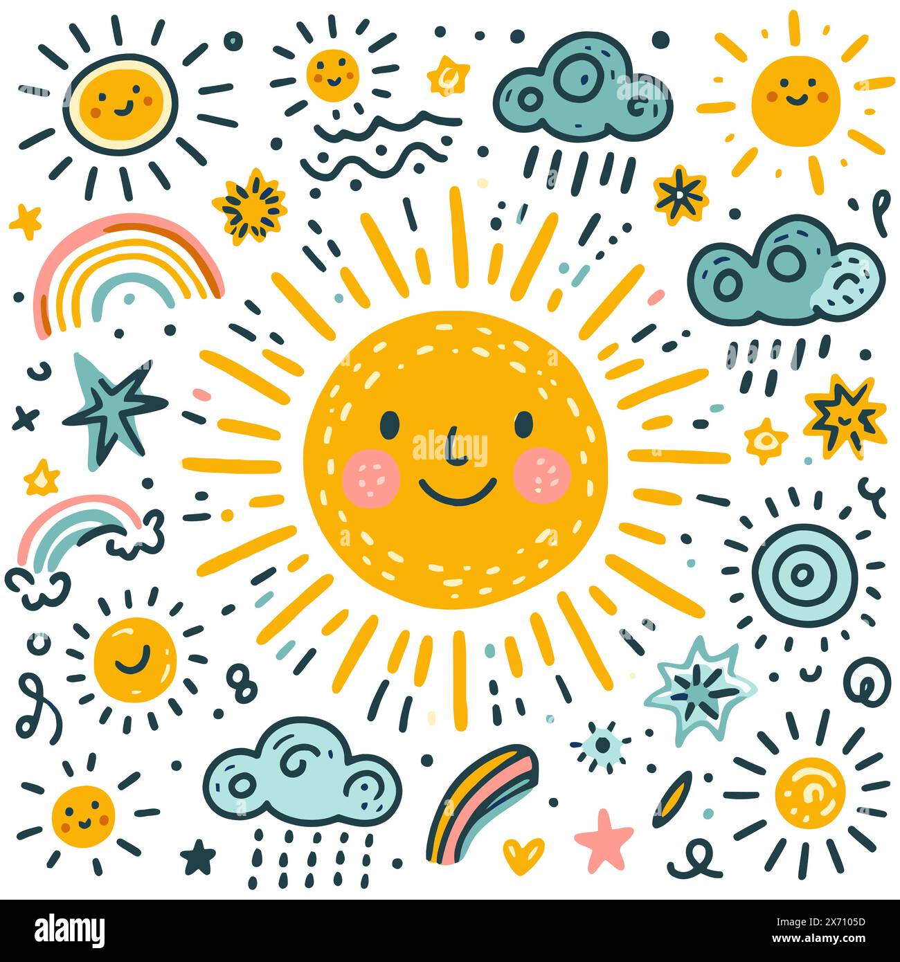 Sun symbol. Childlike drawing of sun. Abstract cute drawing of sun ...