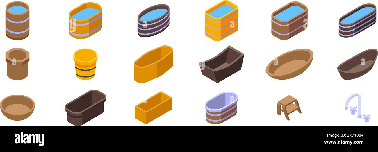 Wooden baths vector. A collection of bath tubs and buckets in various ...