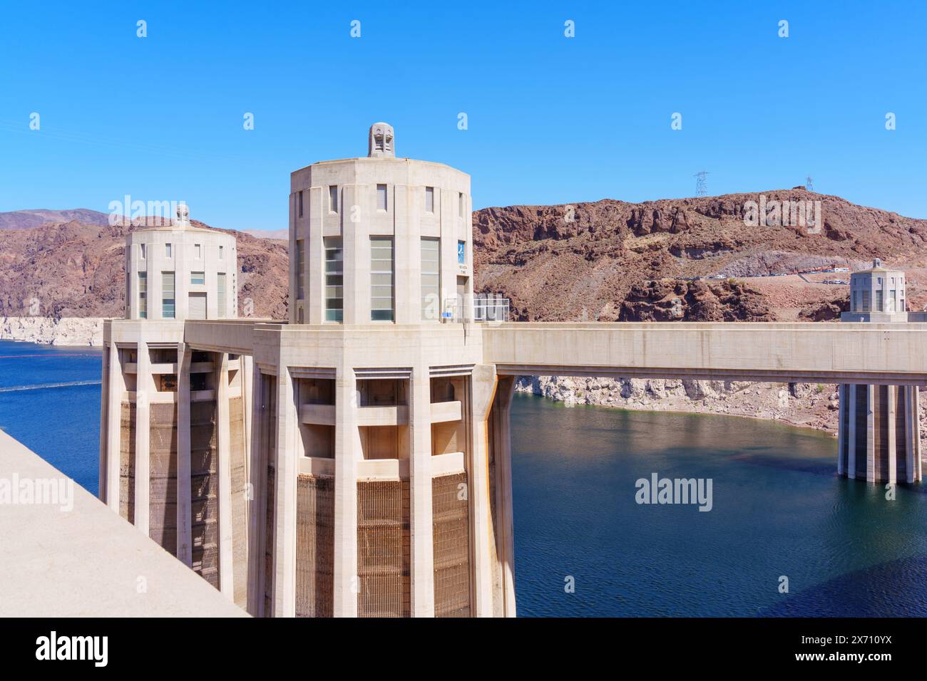 Close-up View of the Hoover Dam’s Water Intake Towers and Walkways Seen ...