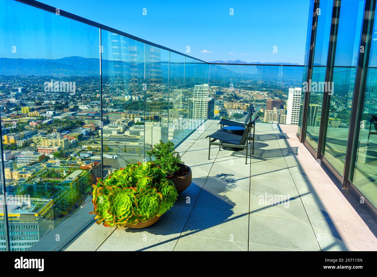 Large balcony of a luxury apartment in downtown Los Angeles with modern ...