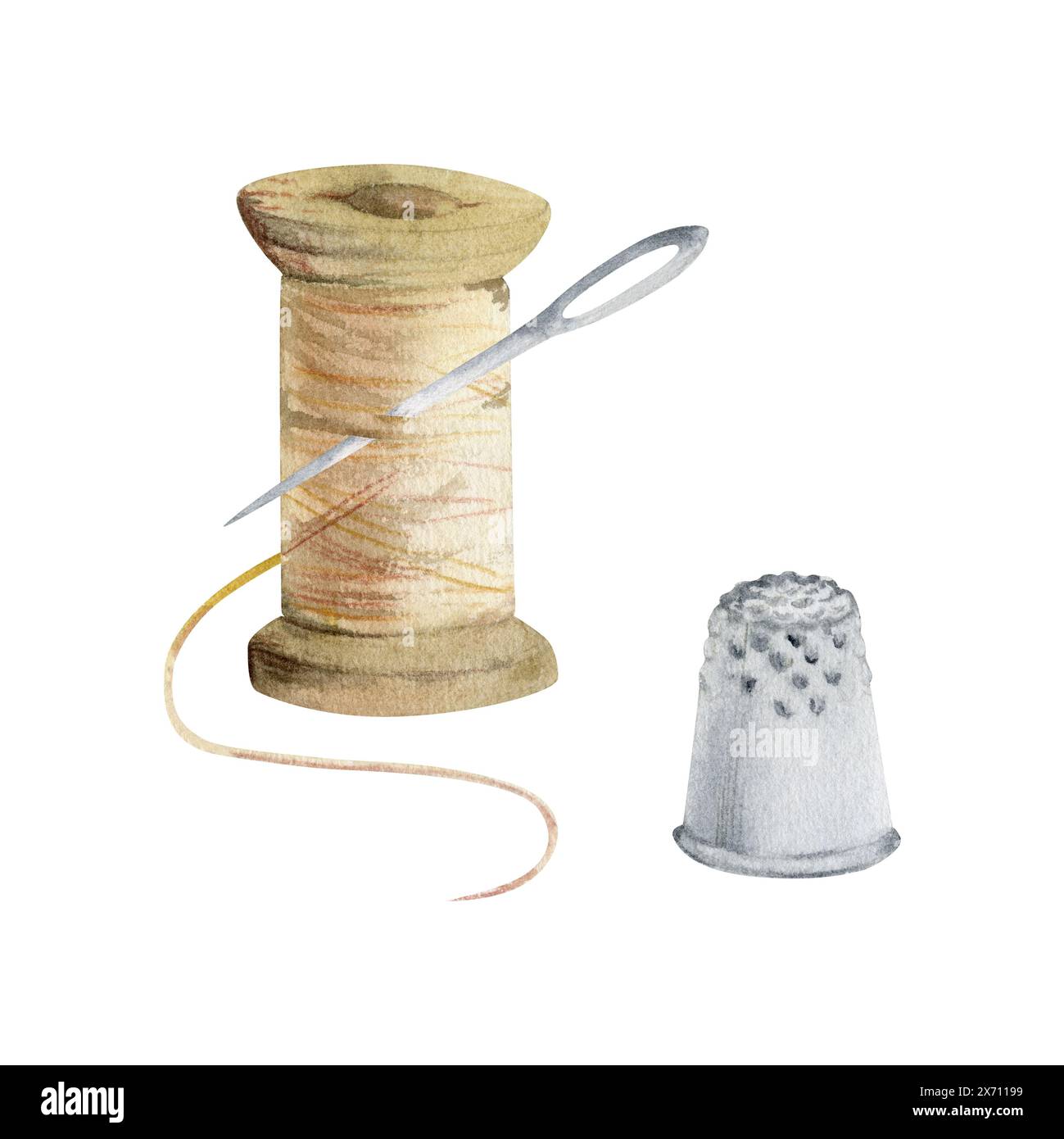 Hand drawn watercolor illustration sewing craft embroidery supplies. Wooden bobbin thread skein ...