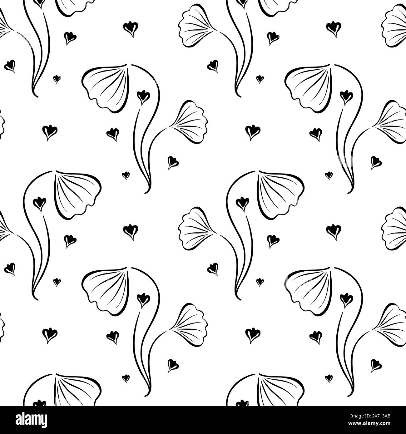 Pattern with flowers stylized doodle, ginkgo leaf with hearts, outline ...