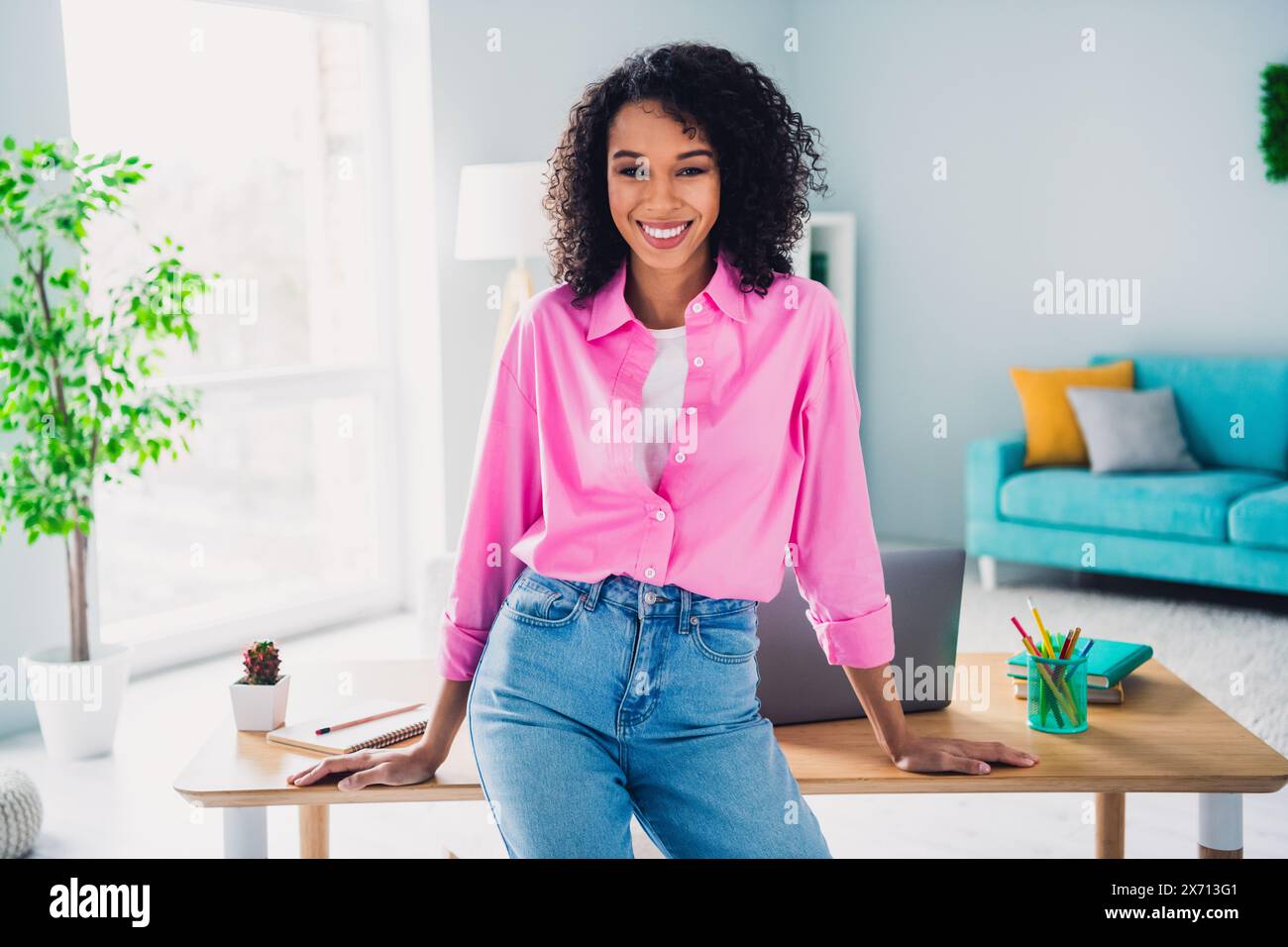 Photo of pretty young girl lean on sit table entrepreneur businesswoman ...