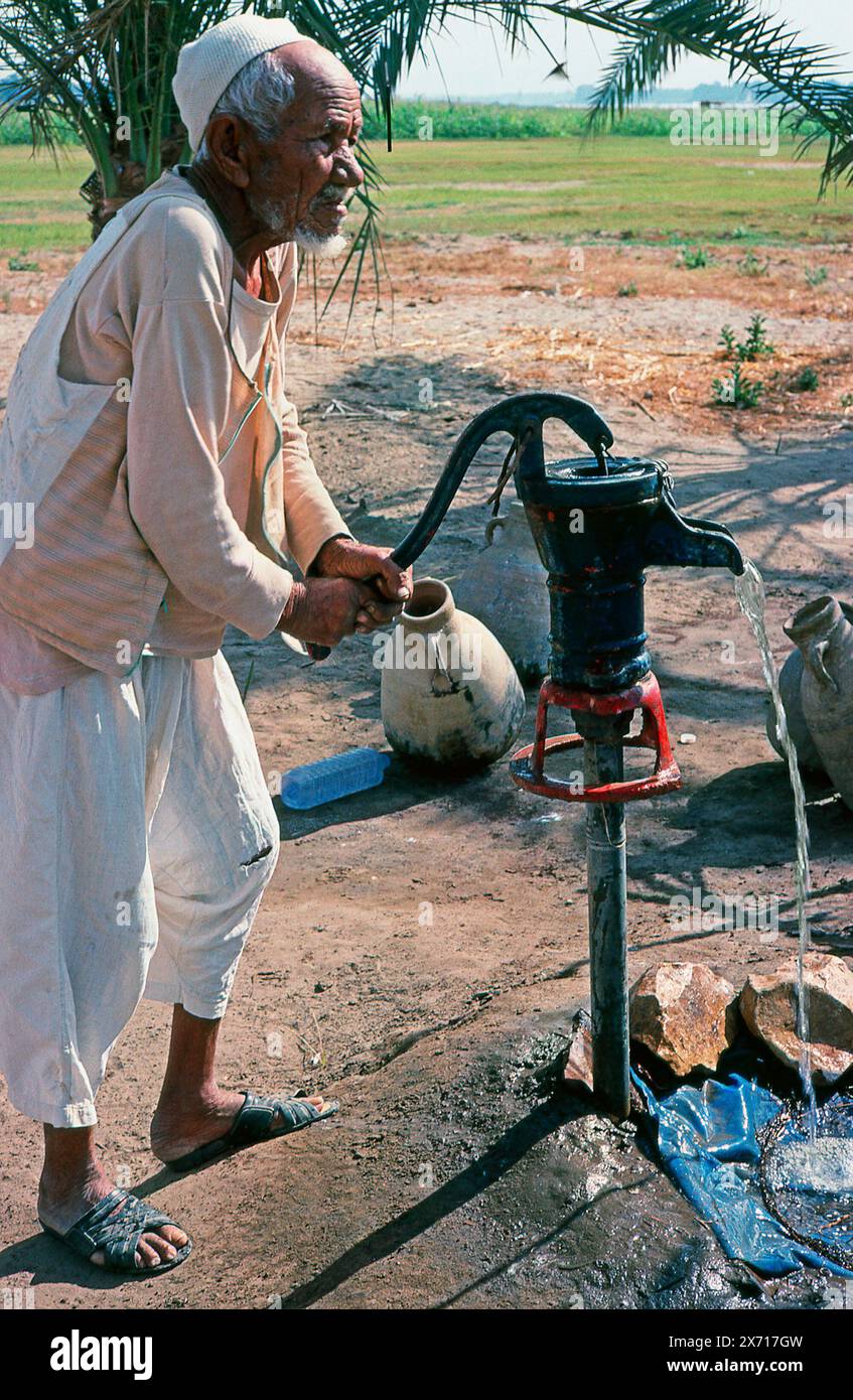 Elderly Egyptian man pumping water from underground using a hand pump ...