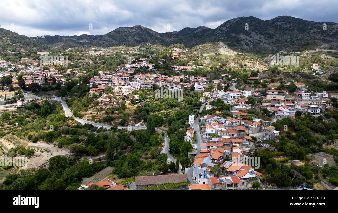 Aerial drone view of Agros mountain village, Limassol district, Cyprus ...