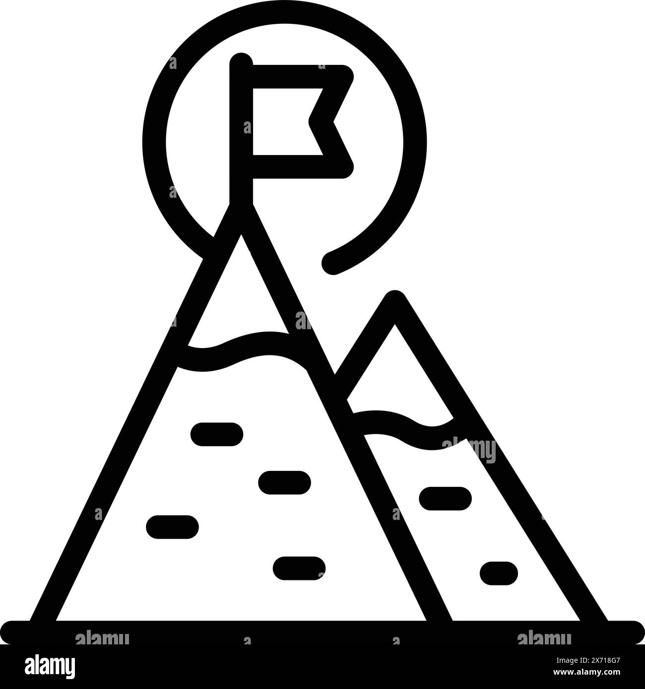 Simple black outline of a mountain range with a flag at the summit ...