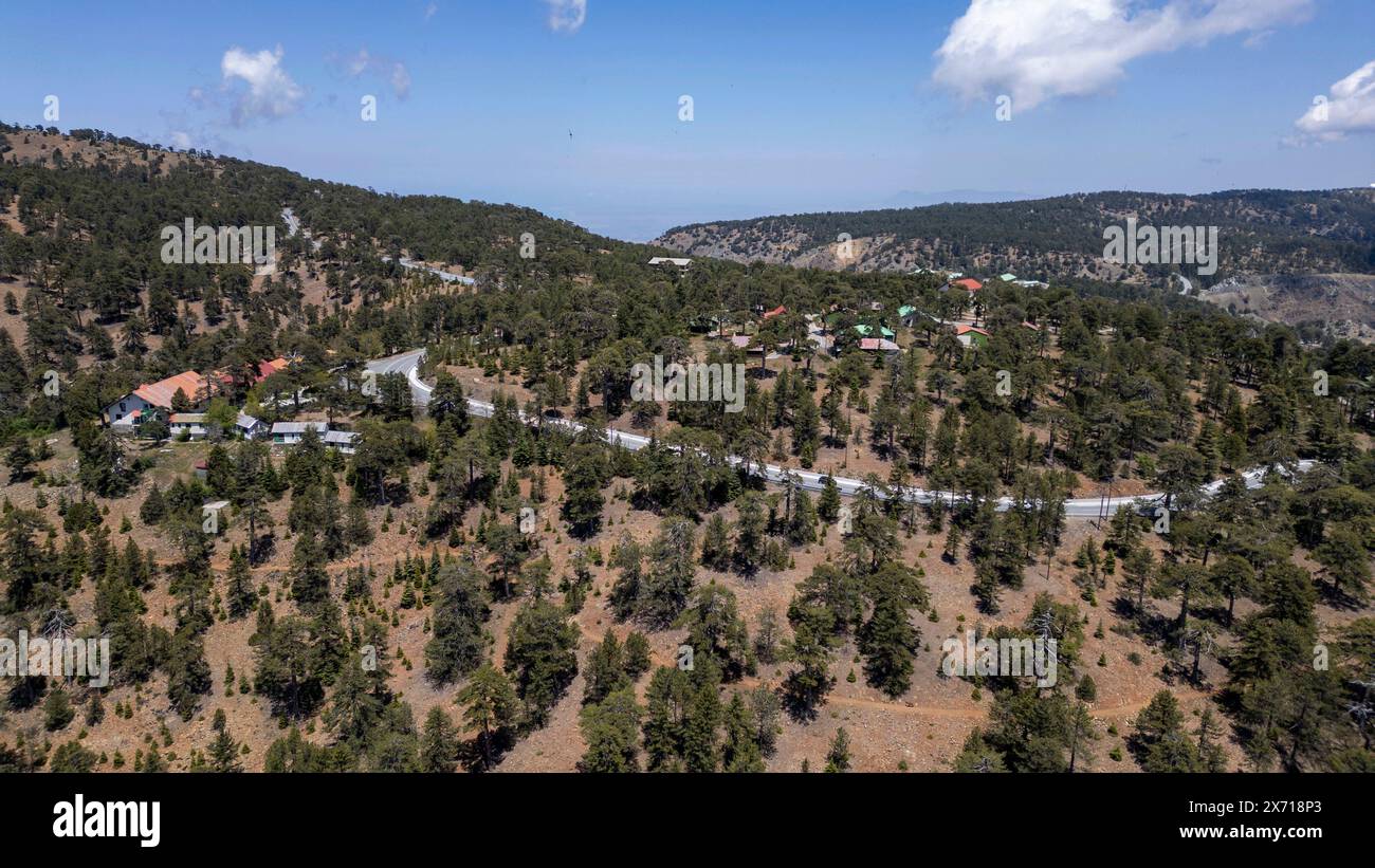 Aerial drone view of Troodos square, Mount Olympus, Republic of Cyprus ...