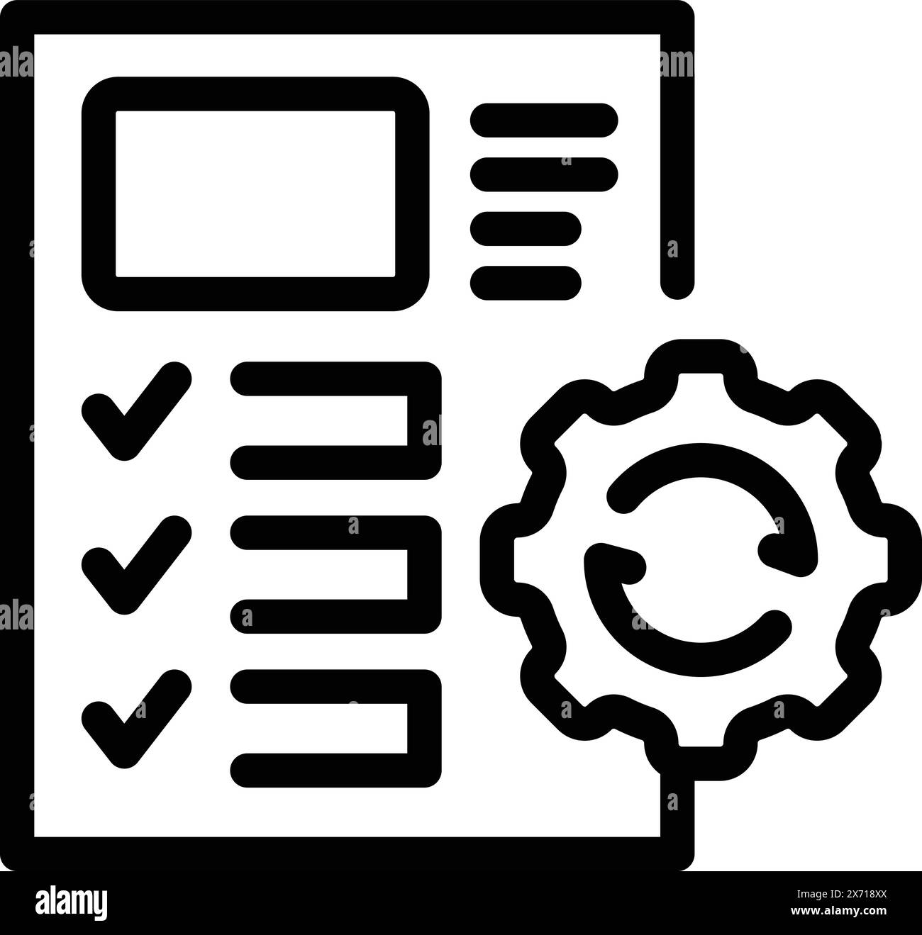 Black and white line art of a checklist document with a settings gear ...