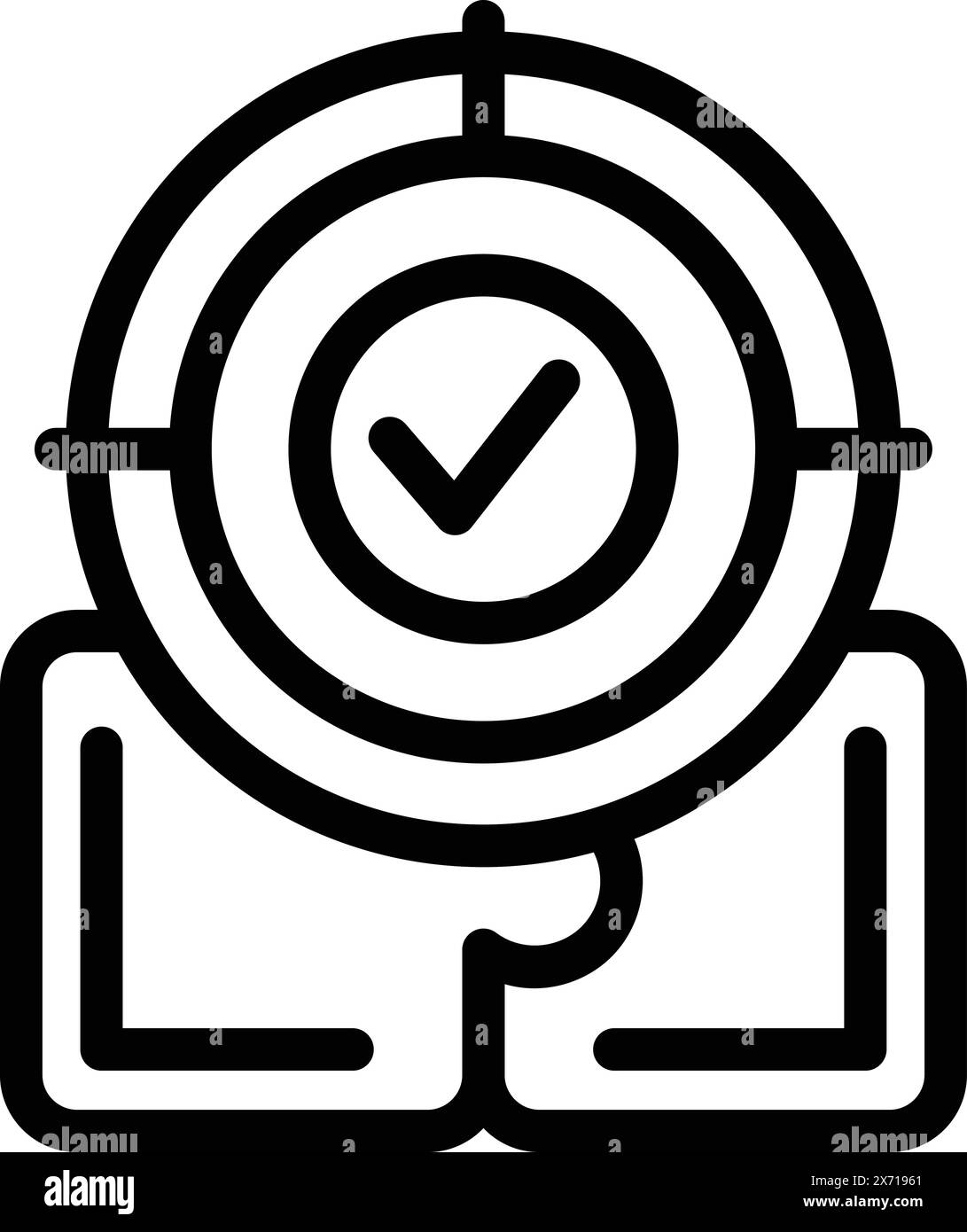 Minimalist vector illustration of a black and white target success icon with a check mark ...