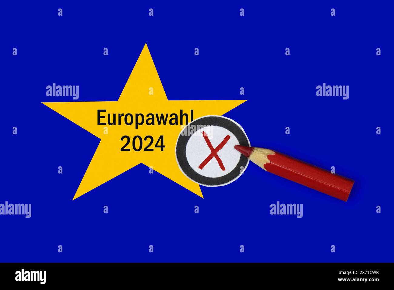 EU-Stern mit Europawahl 2024 sowie Wahlkreuz und Rotstift EU-Stern mit ...