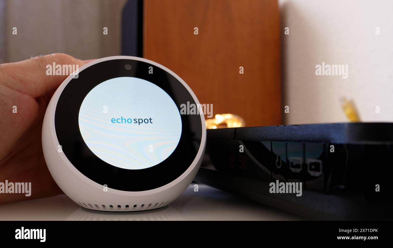 Paris, France - Jun 5th, 2020: The new Amazon Echo Spot displays its ...