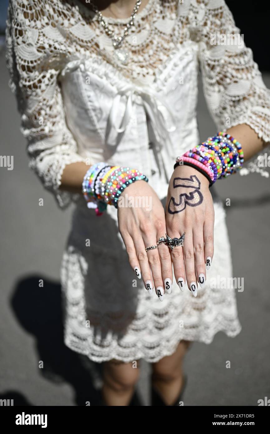 STOCKHOLM, SWEDEN 20240517A fan with swiftie friendship bracelets ...