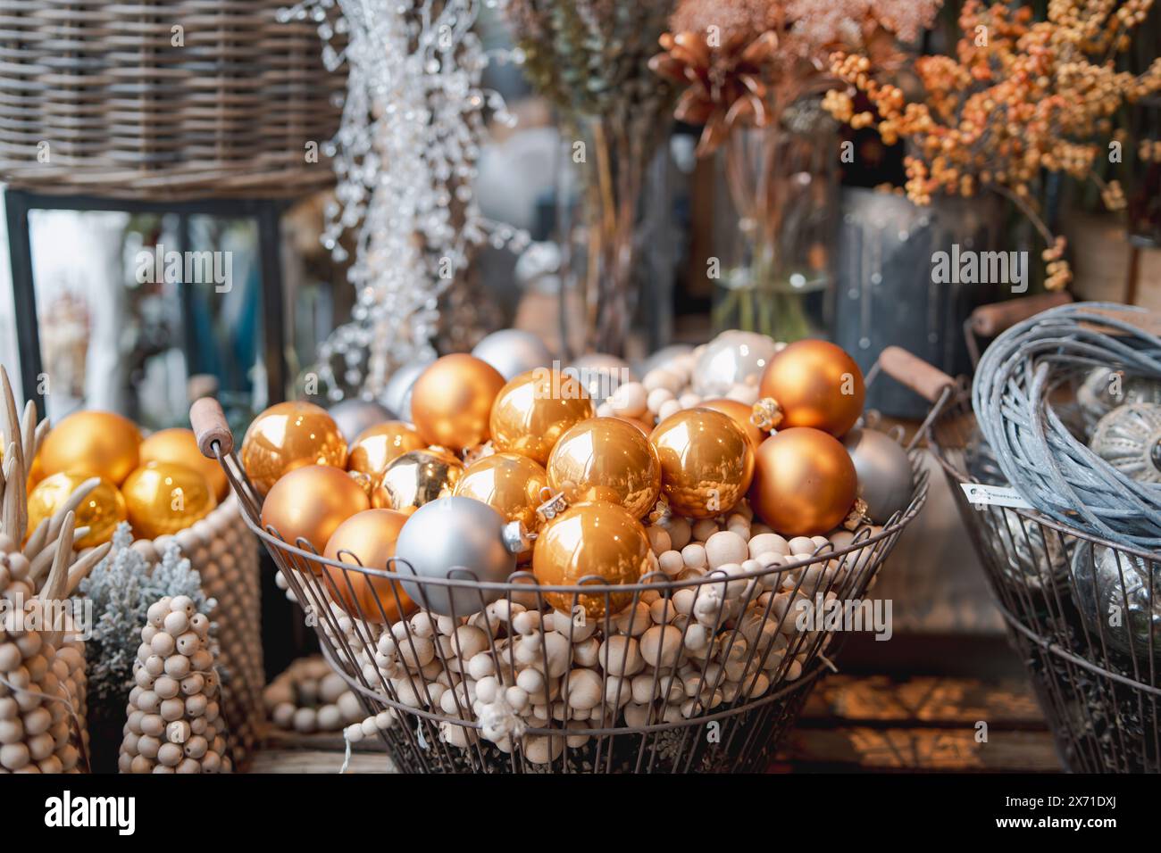Eye-catching Christmas decorations showcased on the shop counter Stock ...
