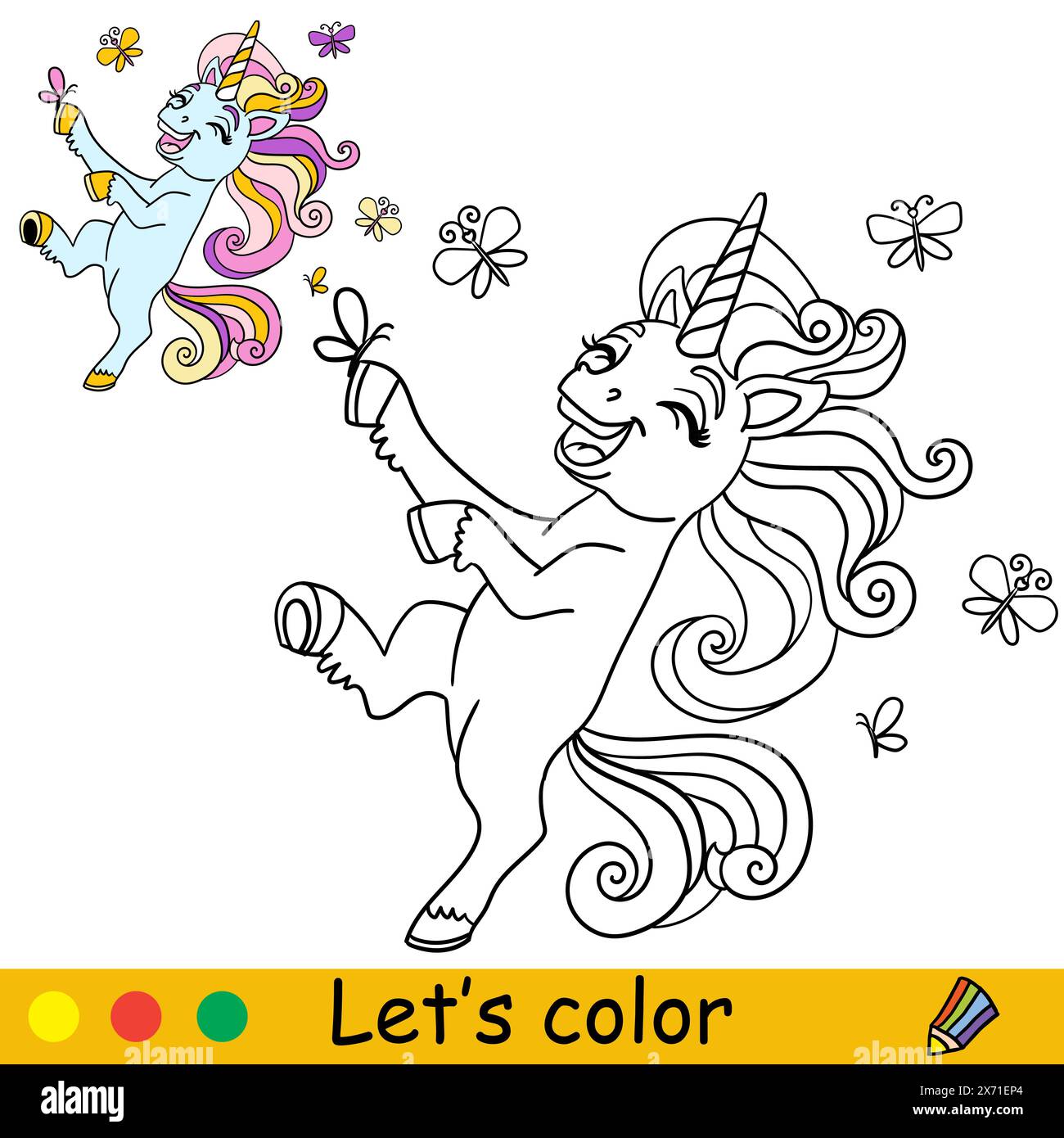 Cartoon cute dreaming unicorn with butterflies. Kids coloring book page ...