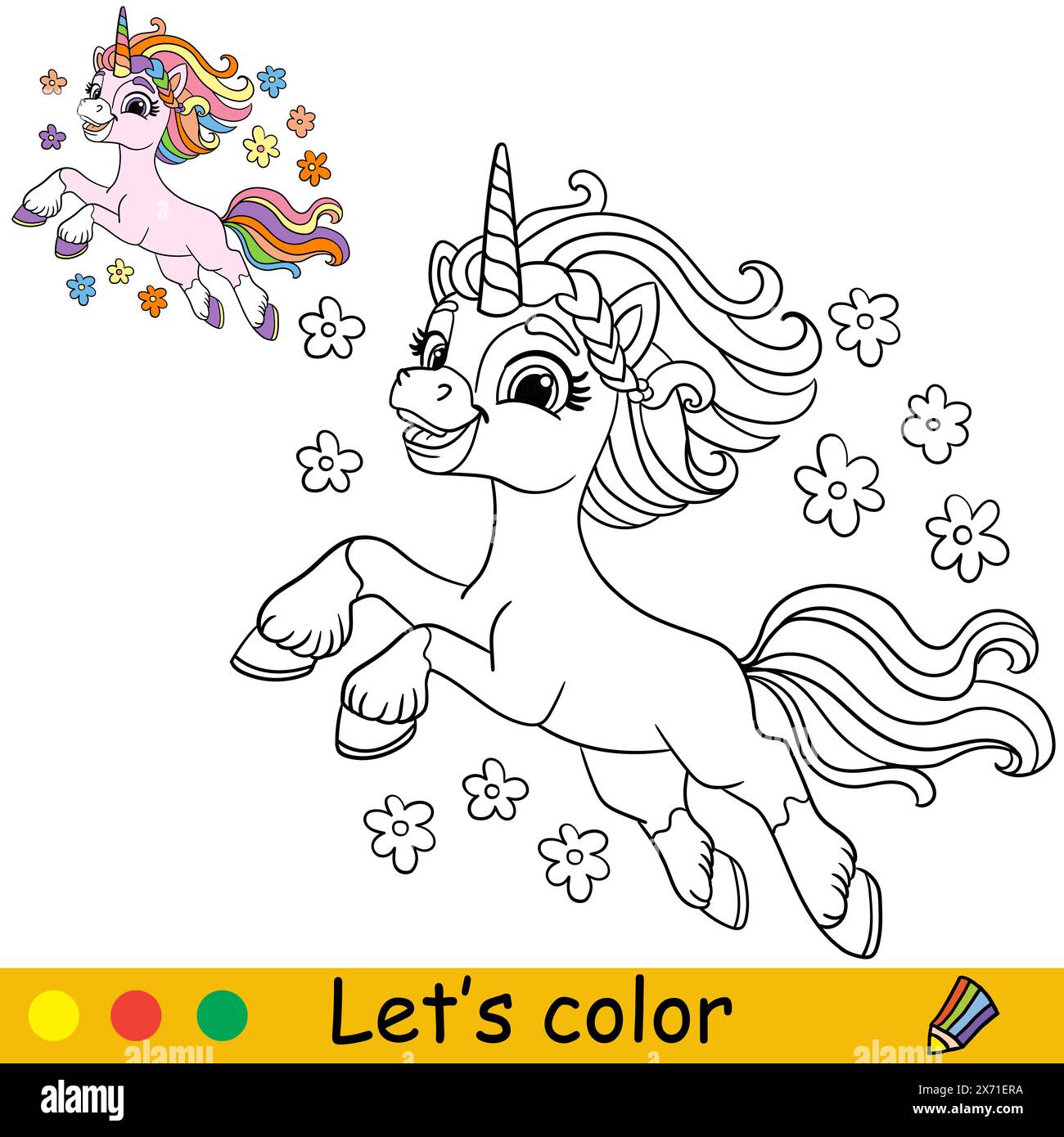 Cartoon cute dreaming unicorn with flowers. Kids coloring book page ...