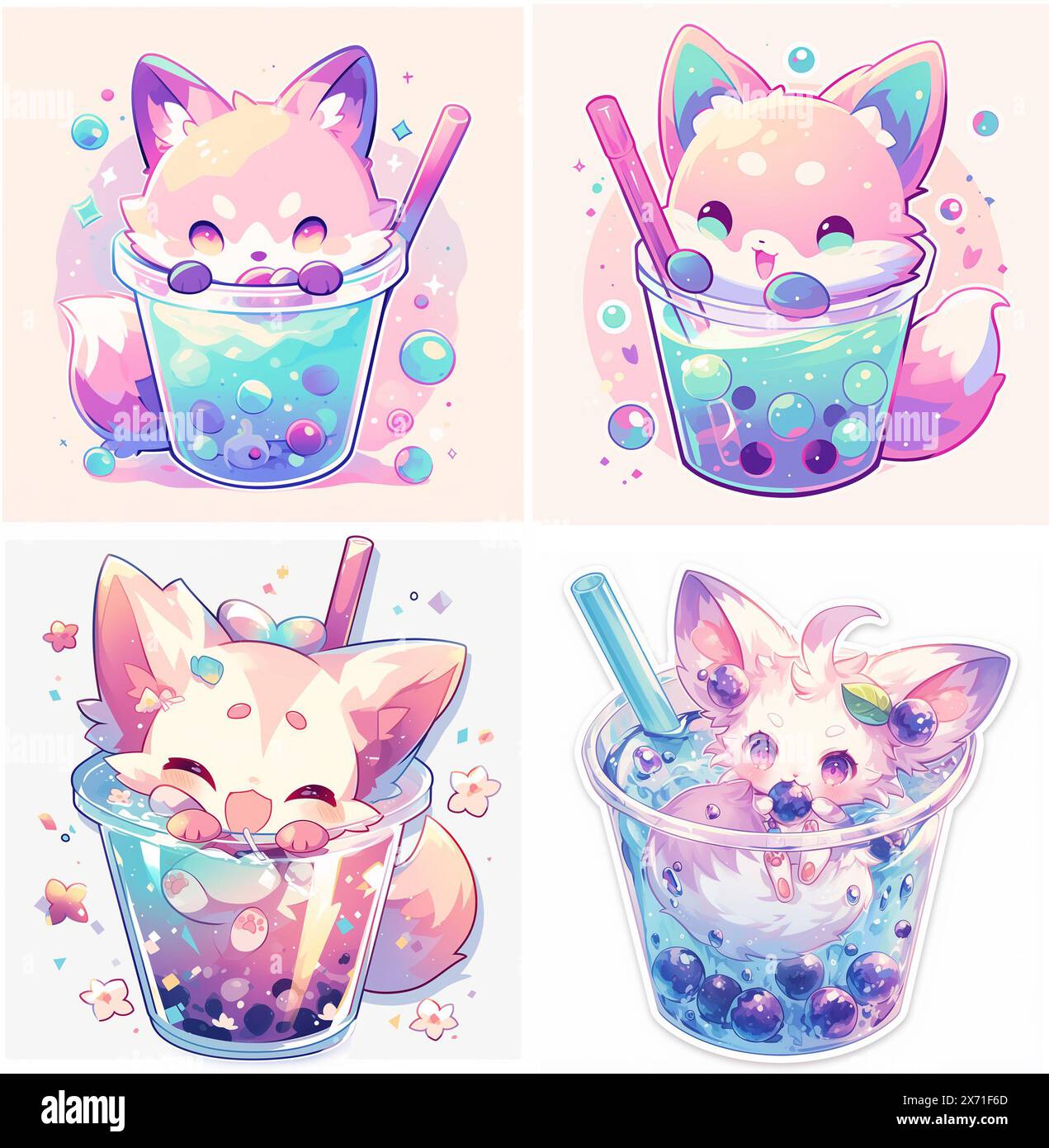 Boba tea fox Cute kawaii ilustrations for stickers, emotes twitch, room ...