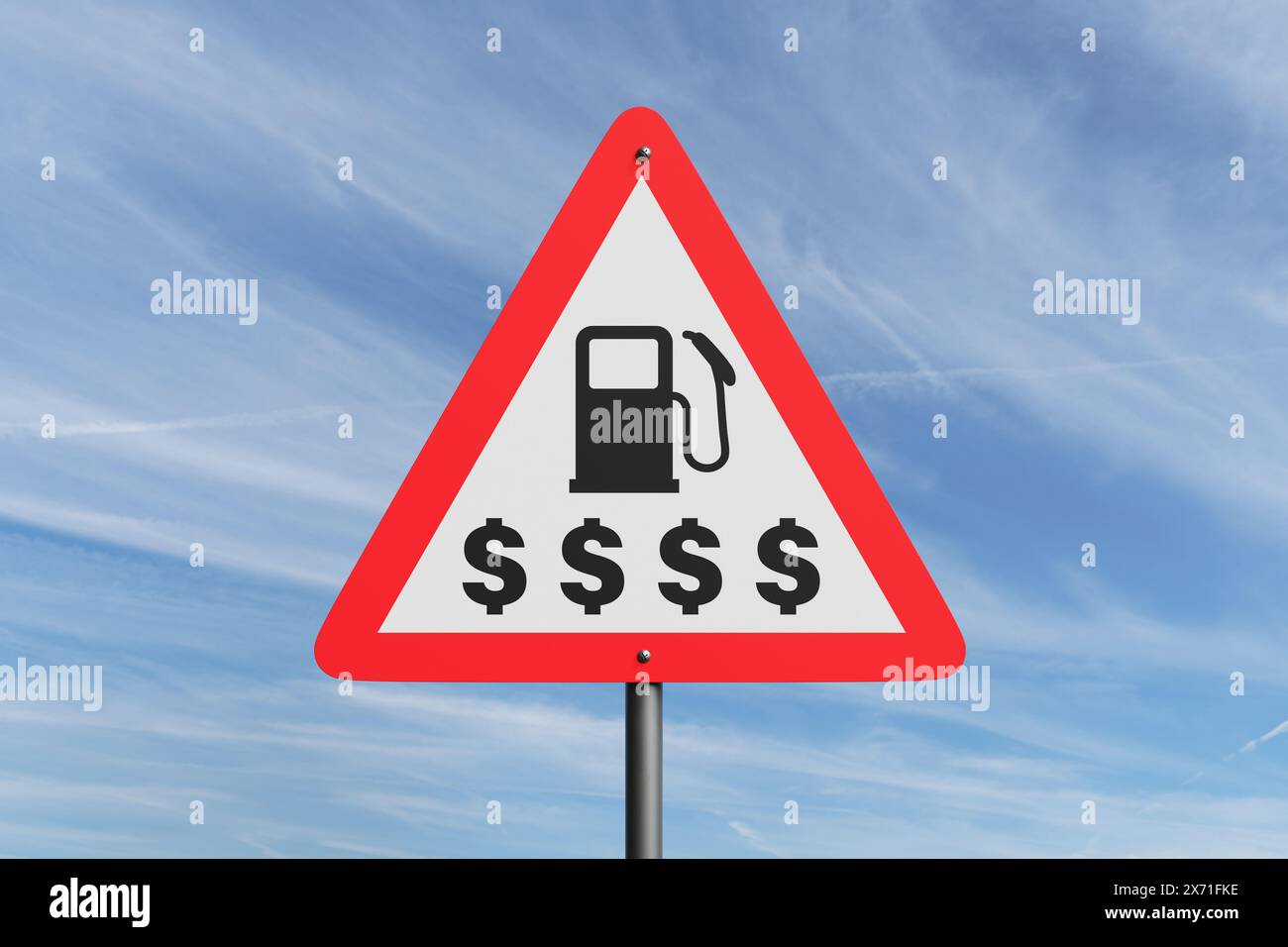 Triangular warning road sign showing a gas station dispenser and dollar ...