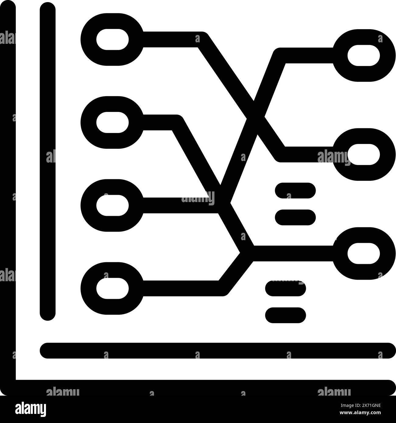 Black and white vector image of a simplified network or circuit diagram with interconnected ...