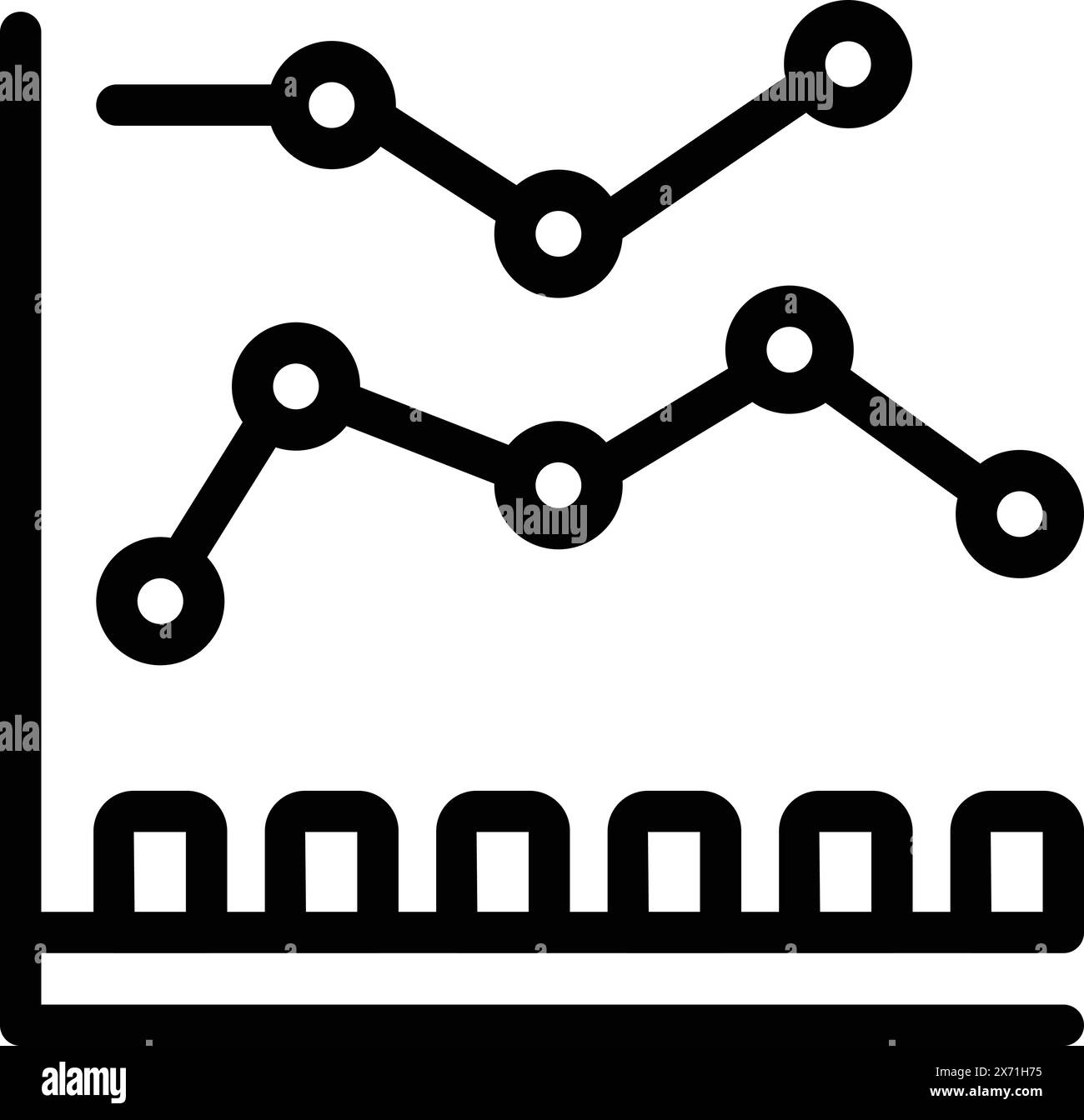 Minimalist black and white outline vector illustration of a simplified line graph icon for ...