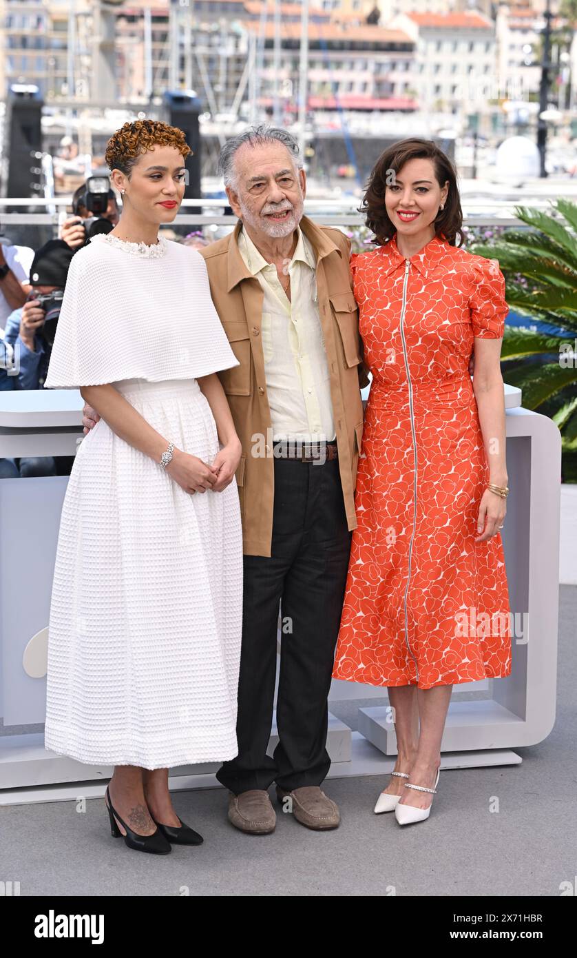 (left to right) Nathalie Emmanuel, Francis Ford Coppola, and Aubrey Plaza during a photocall for ...