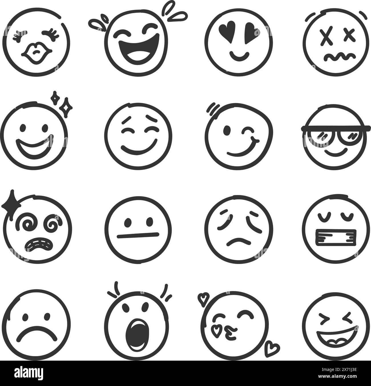 Emojis Faces Icon In Hand Drawn Style Doddle Emoticons Vector