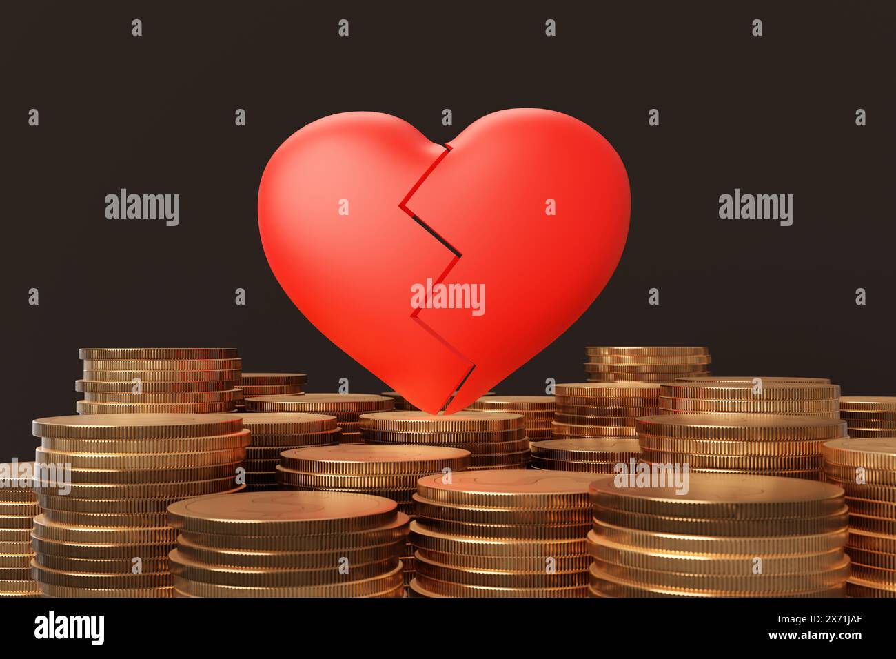 Red broken heart on piles of gold coins in black background. Concept of ...