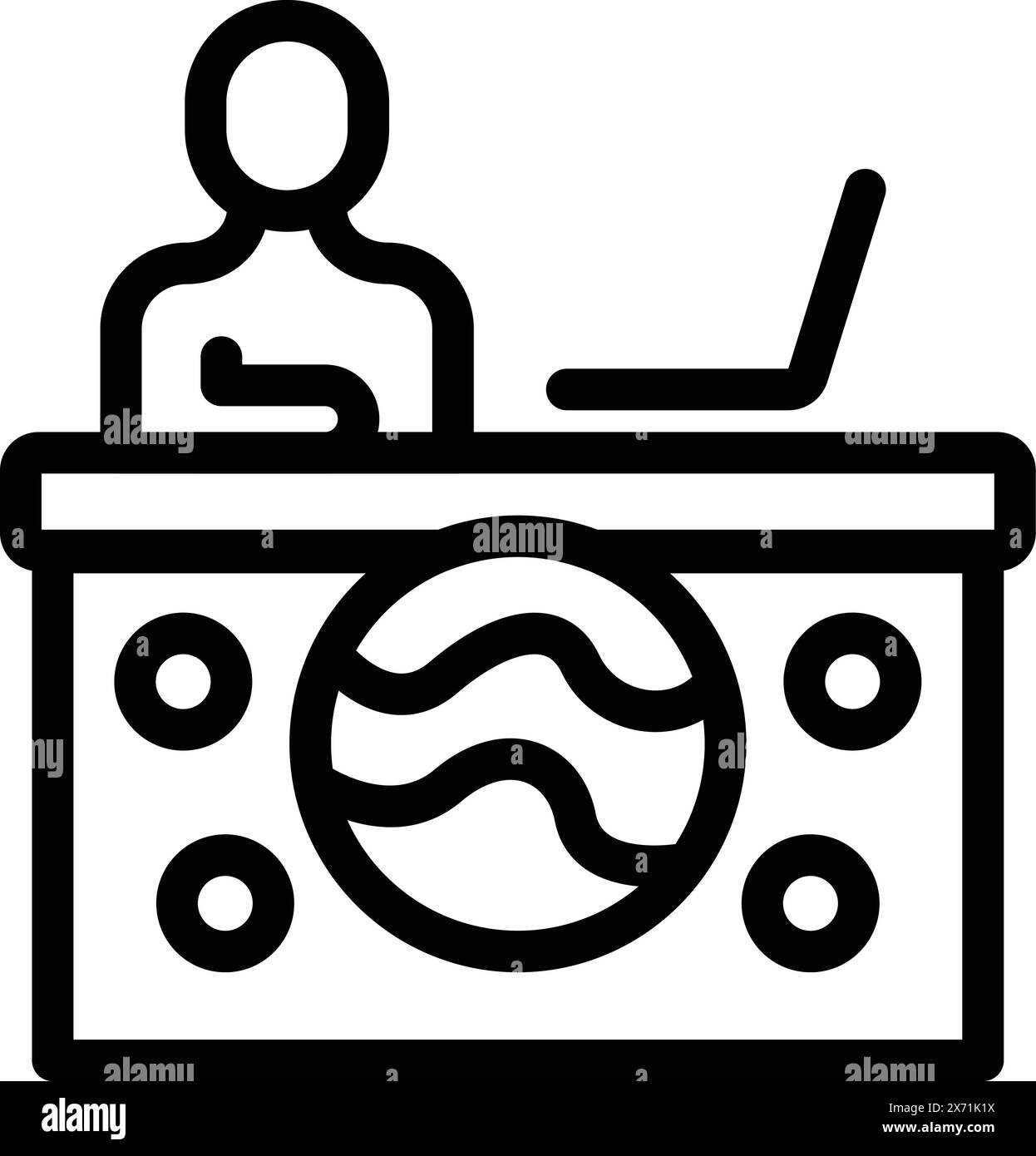 A linear vector icon depicting a person at a desk with a laptop ...