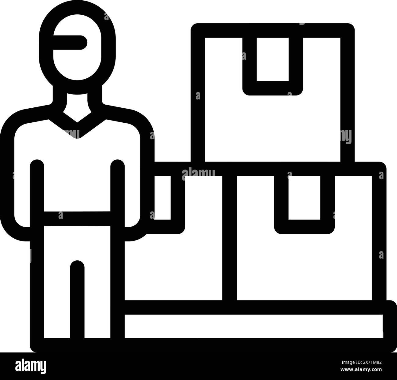 Vector icon illustration of a person standing next to stacked cardboard ...