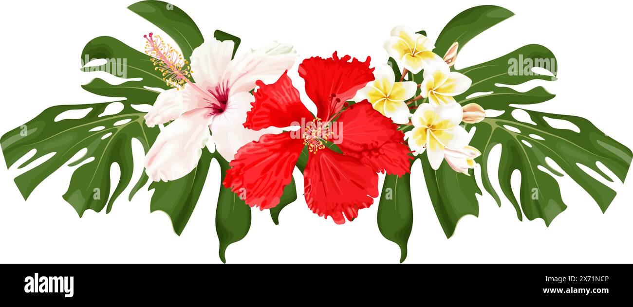 Tropical bouquet with hibiscus flower, plumeria and monstera leaves ...
