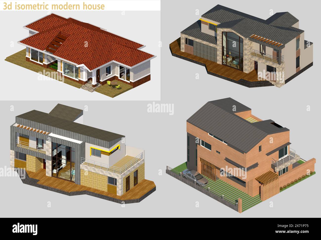 Collection of architectural isometric illustrations of 3d modern houses ...