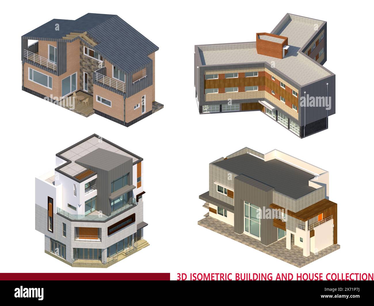 Collection of architectural isometric illustrations of 3d modern houses ...