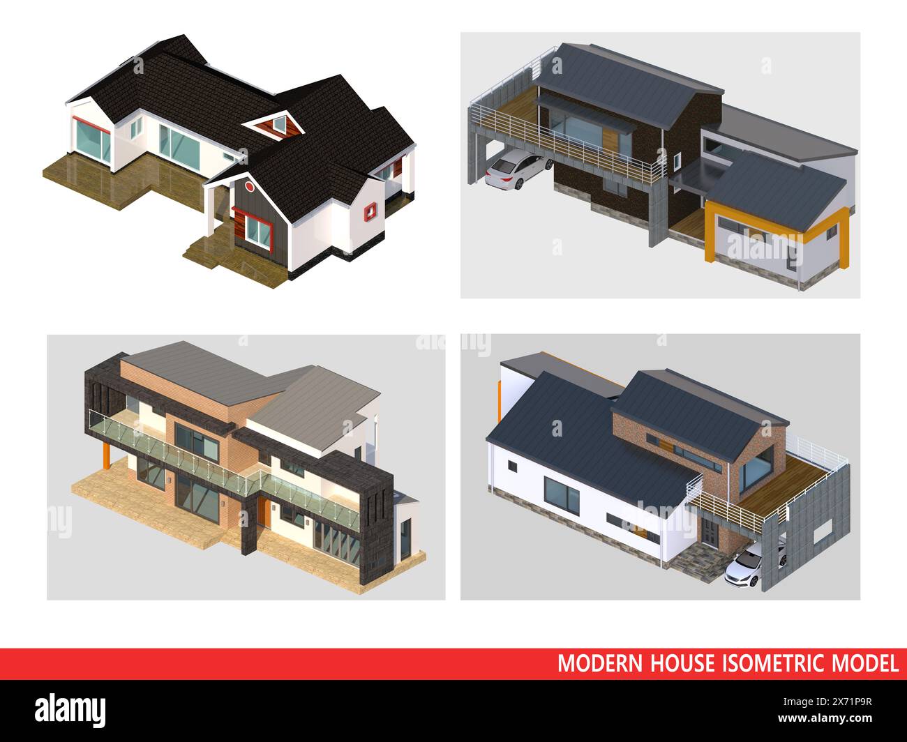 Collection of architectural isometric illustrations of 3d modern houses ...