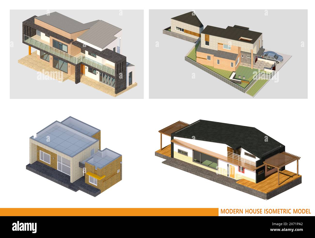 Collection of architectural isometric illustrations of 3d modern houses ...