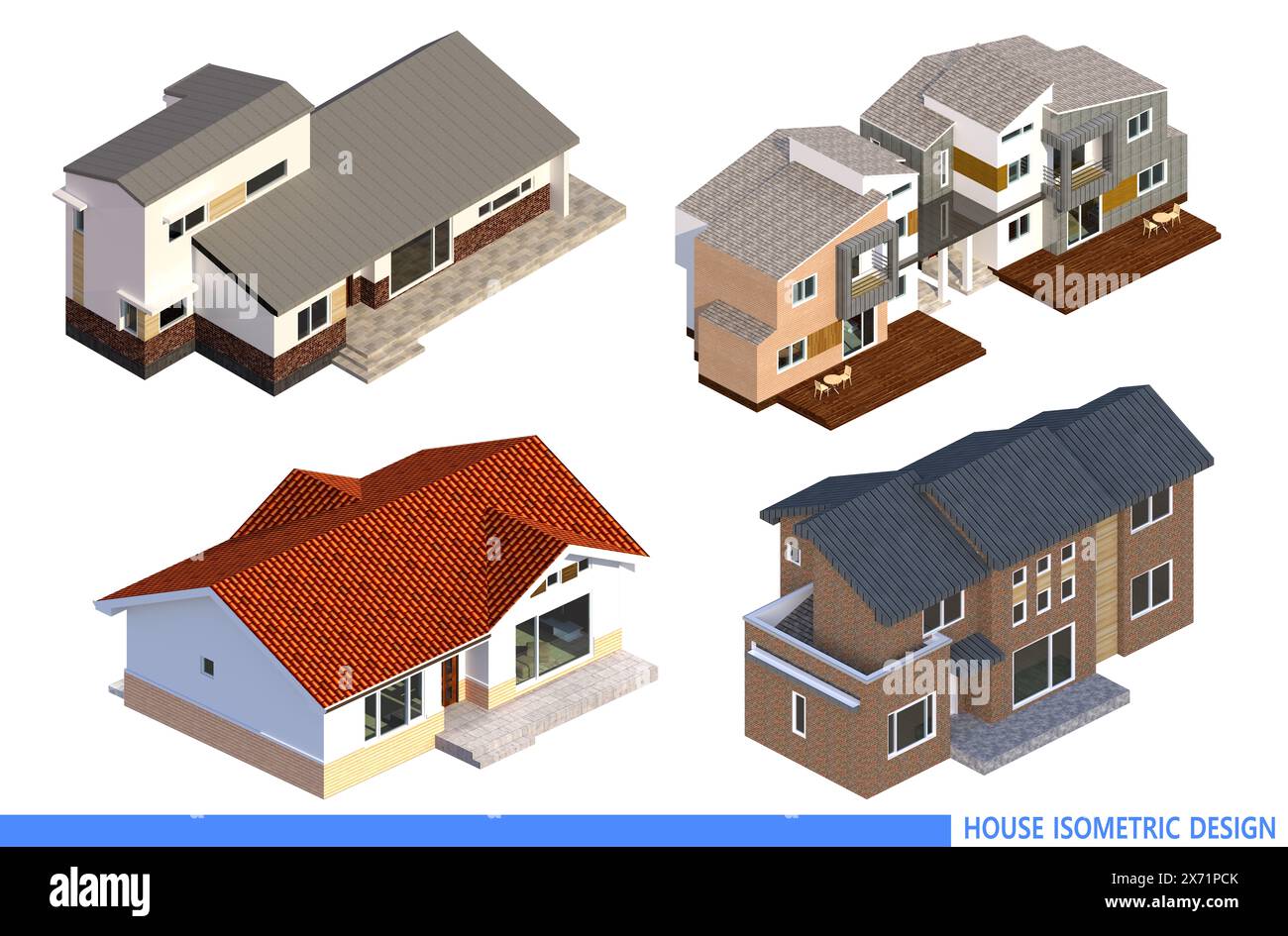 Collection of architectural isometric illustrations of 3d modern houses ...