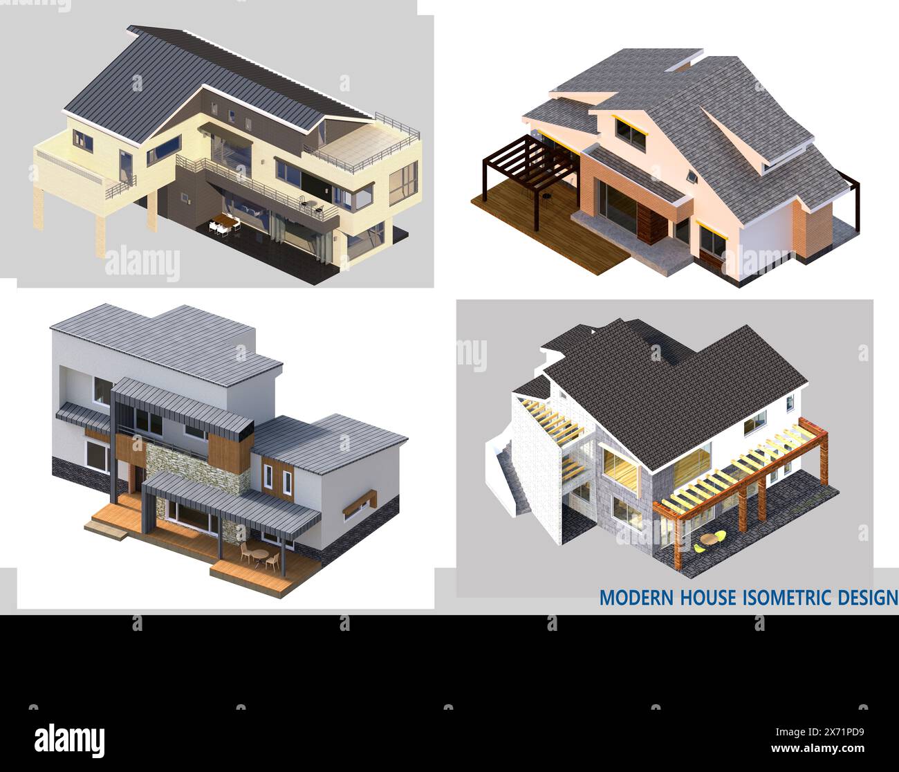Collection of architectural isometric illustrations of 3d modern houses ...