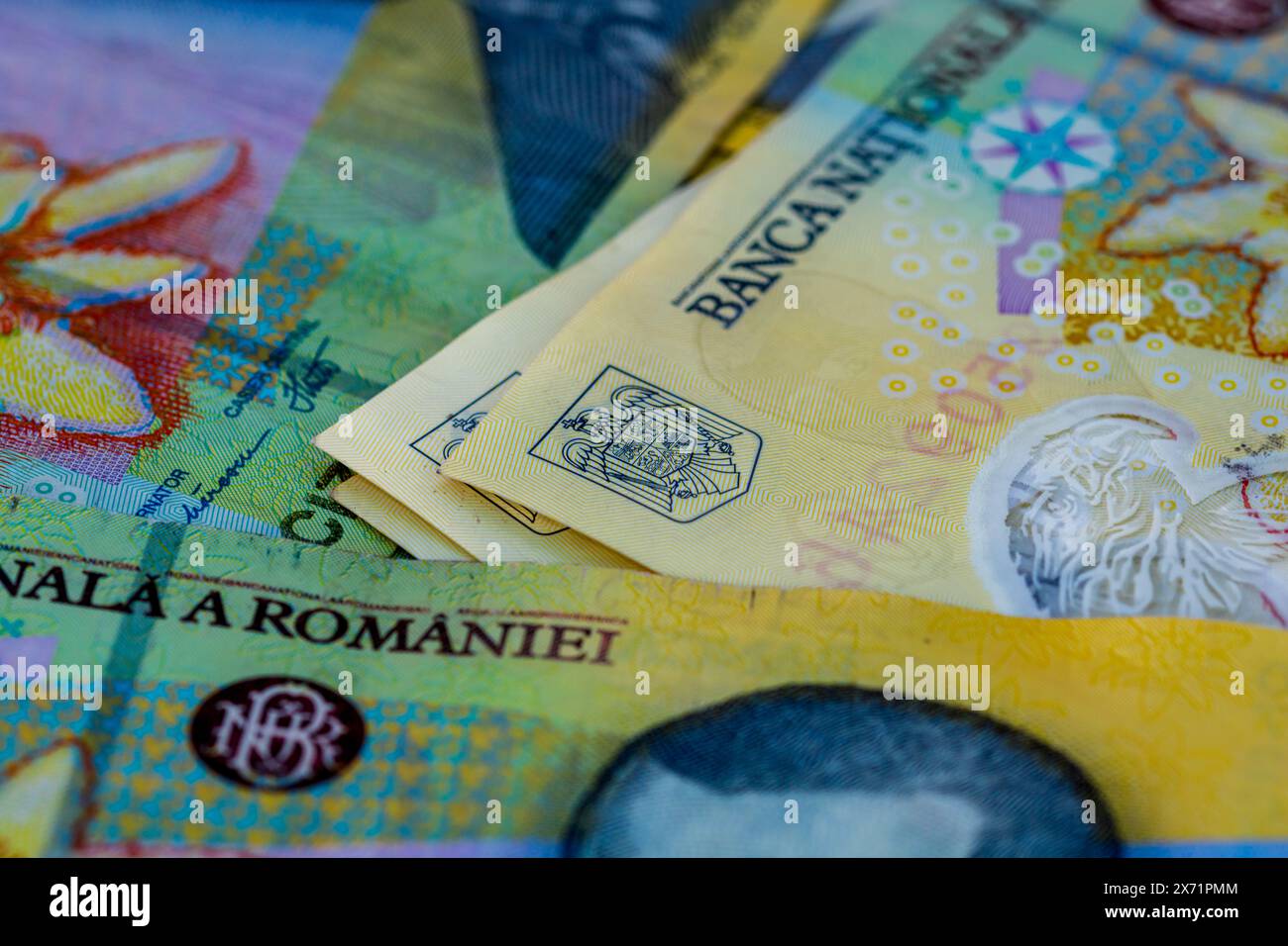 LEI money banknotes, detail photo of RON. Romanian currency Stock Photo ...