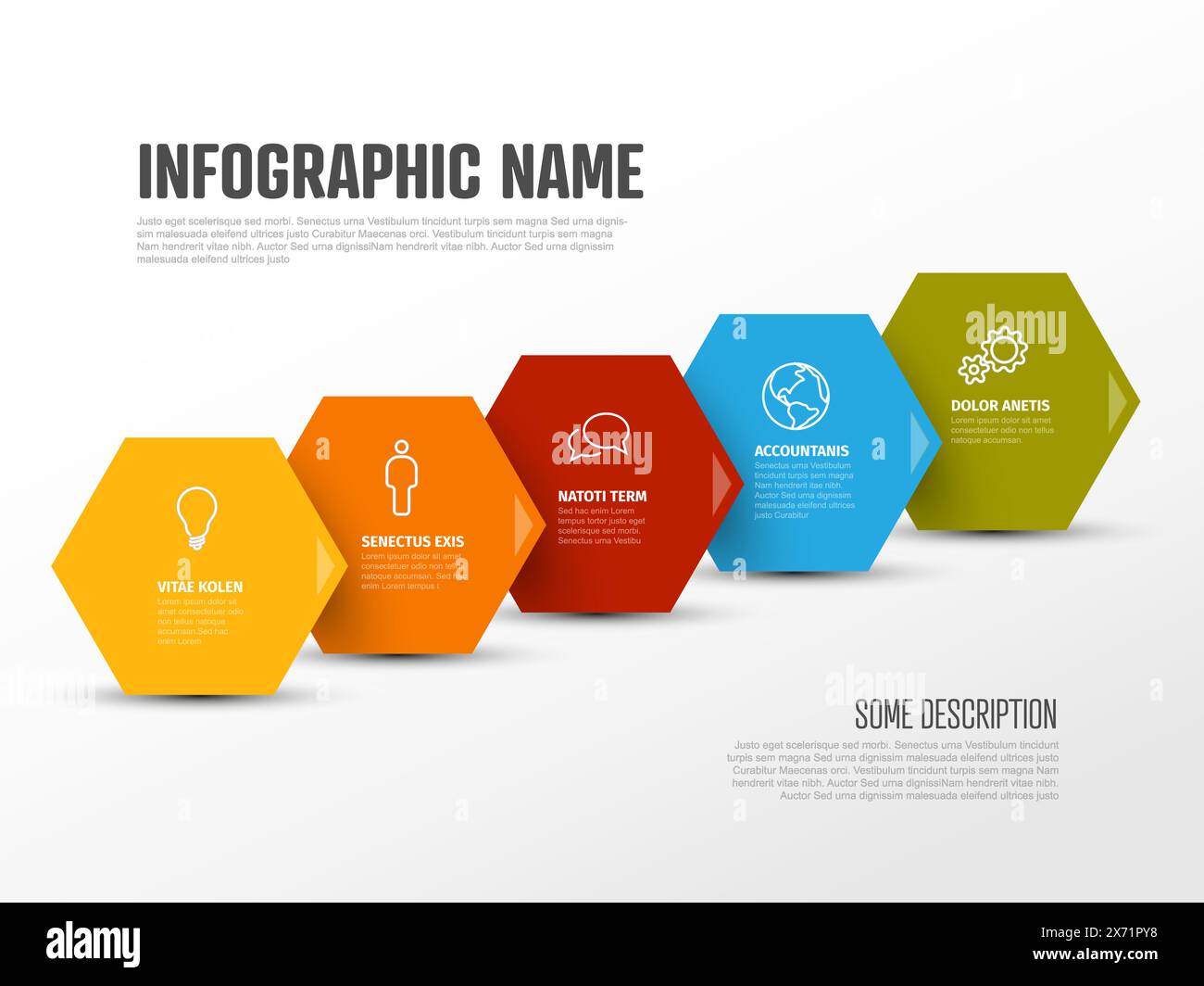 Colorful vector infographic report template with big color hexagons as ...
