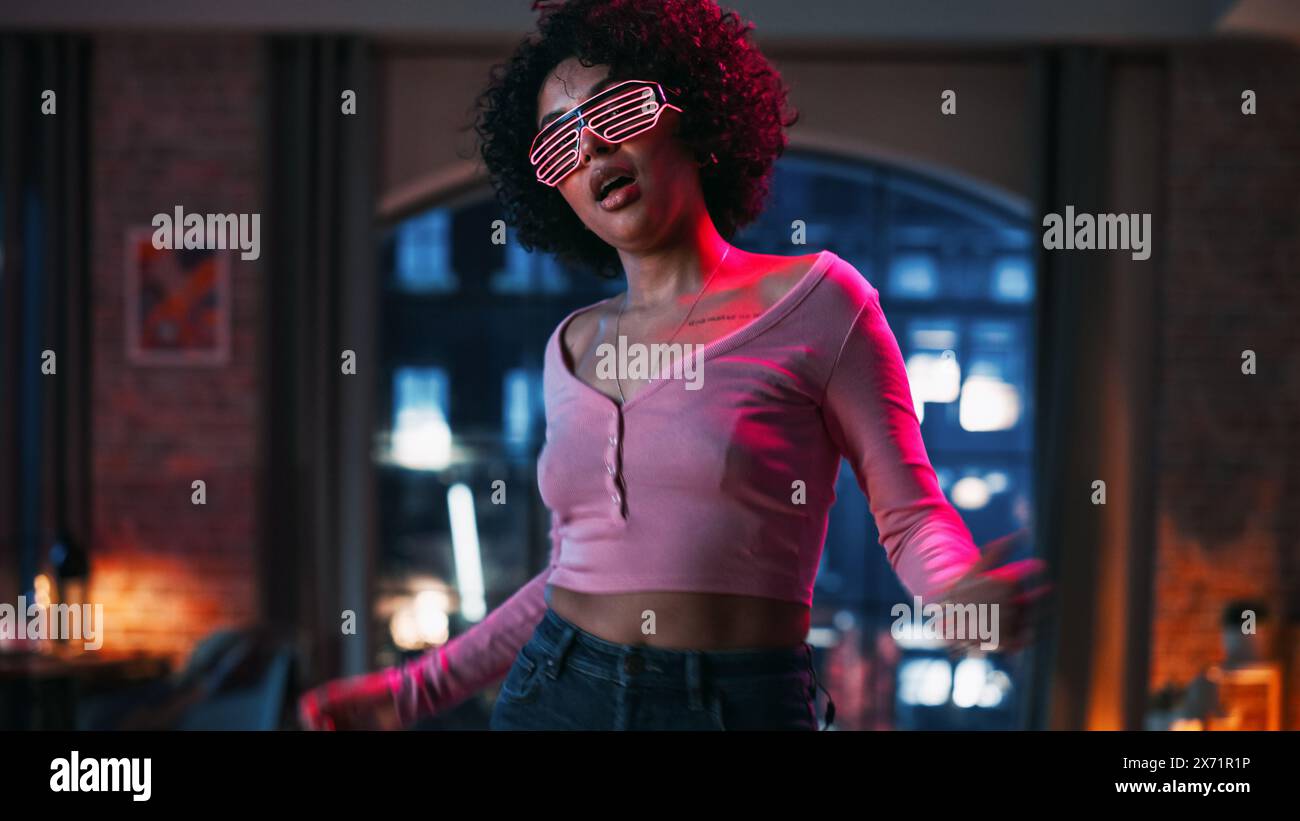 Portrait of Multiethnic Young Latin Female Dancing in Futuristic Neon ...