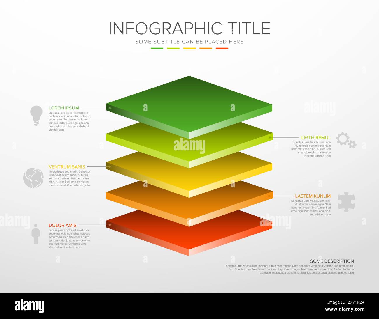 Vector Infographic layers template with five level desks for material structure - from green to ...