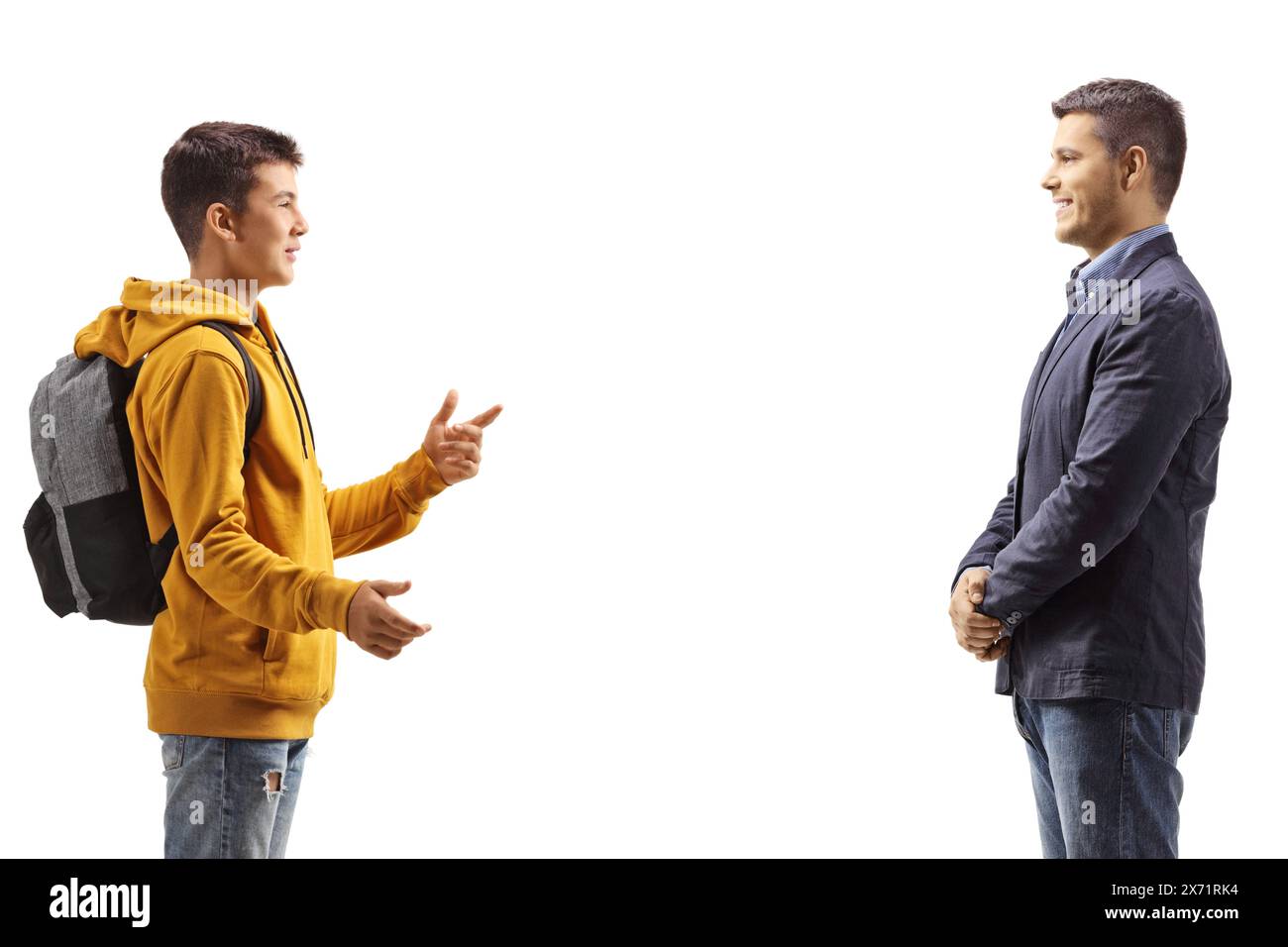 Boy having a conversation with a professional young man isolated on ...