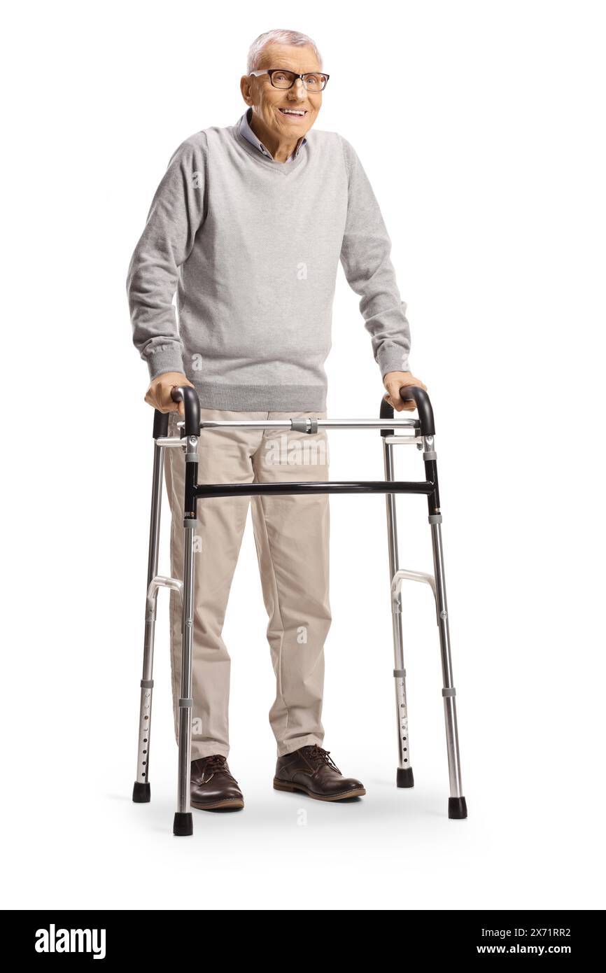Elderly man with a walker isolated on white background, walking aid for ...