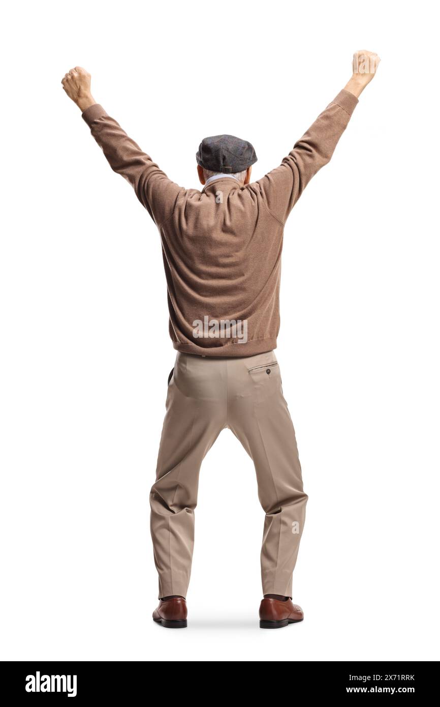 Rear view shot of a happy elderly man cheering with a arms up isolated ...