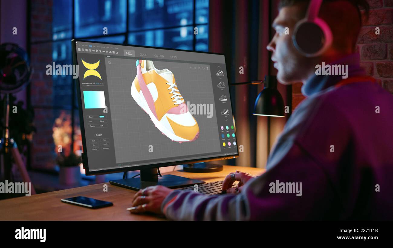 Teenage Male Footwear Designer Works on 3d Model of Shoe and Change ...