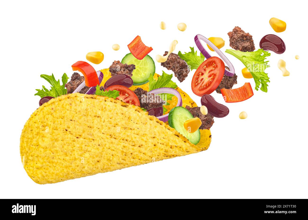 Mexican taco with falling beef meat and vegetables isolated on white ...